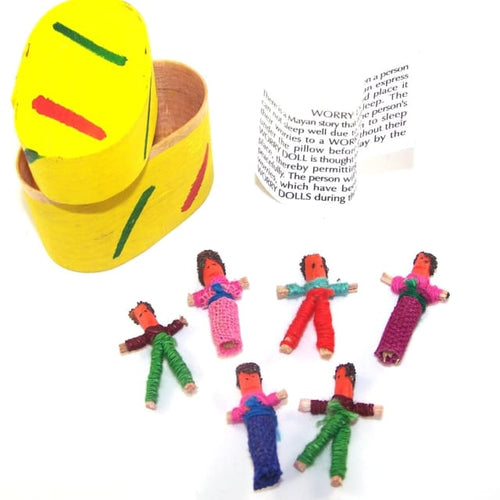 6 Mini Worry Dolls In A Traditional Mayan Mexican Yellow Box with ...