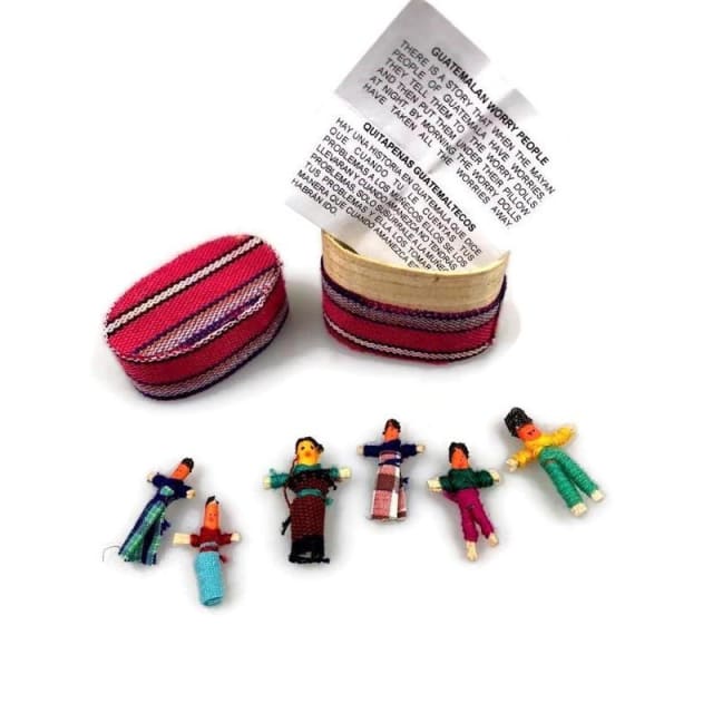 6 Mini Worry Dolls In A Traditional Mayan Mexican Box covered with ...
