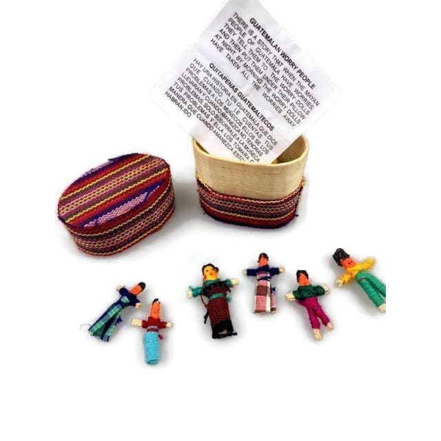 6 Mini Worry Dolls In A Traditional Mayan Mexican Box covered with ...